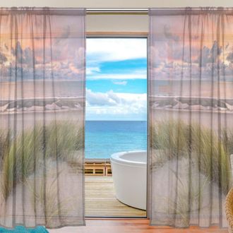 Alaza Durchsichtiger Voile-Vorhang, Illustration, Strand, Himmel, Sonnenuntergang, Polyester-Material f&uuml;r Schlafzimmer, Dekoration, Zuhause, T&uuml;rdekoration, 