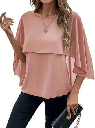 ORANDESIGNE Chemise Mousseline Femme &Eacute;t&eacute; Chemisier Chic et &eacute;l&eacute;gant Blouse Manches en Cape Haut Col Rond Fluide Tunique Grande Taille A Rose L