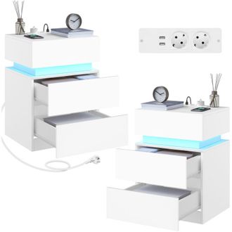 Woltu Nachttisch 2er Set, Nachtschrank mit Ladefunktion, LED-Beleuchtung 25 Lichtfarben, Nachtschrank mit 2 Schubladen 1 Fach, Kabelf&uuml;hrung, Nachtkommode