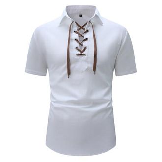 Generico Chemise de loisirs r&eacute;tro en coton pour homme, &agrave; manches longues, avec lacets, style m&eacute;di&eacute;val, viking et pirate, pour d&eacute;guisements dHalloween, blanc, X