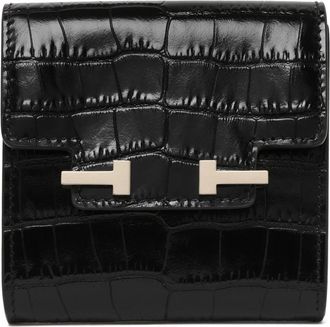 Tom Ford Femme, Accessoires, Noir, Taille: ONE Size Portefeuille en cuir fa&ccedil;on croco avec fermoir en T