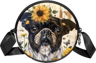 Generic Sac &agrave; bandouli&egrave;re rond pour femme, carlin, tournesol, petit sac &agrave; bandouli&egrave;re avec fermeture &eacute;clair, bretelles r&eacute;glables, sac &agrave; main rond d&eacute;contract&eacute; 