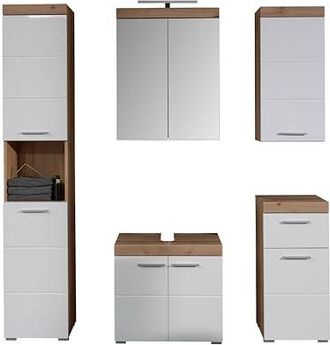 Trendteam Amanda - Badezimmer Komplettset (WBU + Spiegelschrank LED + Standschrank + Hochschrank + H&auml;ngeschrank) - Wei&szlig;/Wei&szlig; Hochglanz Eiche - (BxHxT) 163 x 190