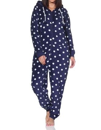 Normann Pyjama pour femme, combinaison, aspect pois, en polaire corail chaude et douillette, bleu marine, 38-40