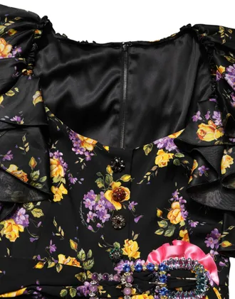Dolce & Gabbana Womens Black Purple Crystal Brooch Silk Midi Dress And Elastane
