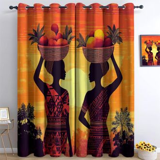 Generic Vorh&auml;nge Blickdicht Orange Farbe Mit &Ouml;sen, Traditionell Afrikanische Frau Motiv Thermovorhang f&uuml;r Wohnzimmer Kinderzimmer Jugendzimmer Fenster, H 183 