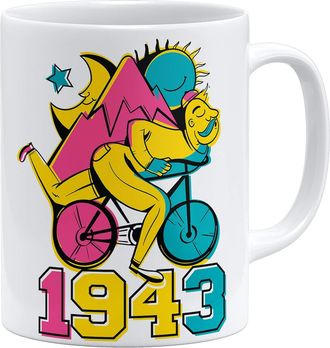 OM3 Psychedelic-Bicycle-Day-1943 Kaffee-Tasse - Keramik Becher - 11oz 325ml - Beidseitig Bedruckt - Weiss