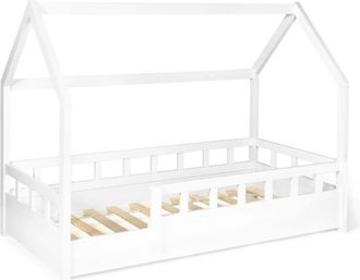 IDMarket Kinderbett Baumhaus 80 x 160 cm neree wei&szlig; mit Lattenrost und Gitter