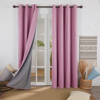 Deconovo 100% Blickdichte Gardinen Verdunkelungsvorhang Leinenimitation Total Verdunkelung Thermovorhang Wohnzimmer mit Ösen 229x132 cm Pink 2er Set
