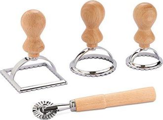 Navaris Set Emporte-Pi&egrave;ce &agrave; Ravioli - Ensemble D&eacute;coupe Ravioles Raviolis P&acirc;tes Gyozas Pierogi - 1x Roulette 3x Moule avec Manche en Bois
