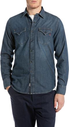 Replay Herren Jeanshemd Langarm aus Baumwolle, Dark Blue 007 (Blau), L