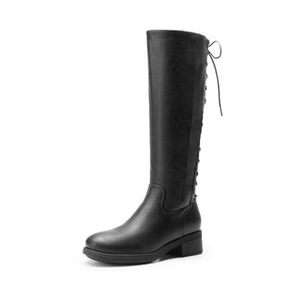 Dream Pairs Kniehohe Damenstiefel mit seitlichem Rei&szlig;verschluss und Schn&uuml;rung hinten,Size 38.5,Schwarz-Pu,SDKB2423W