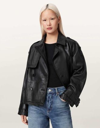 AllSaints Reya - Cropped-Trenchcoat aus Leder in Schwarz