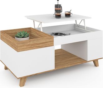 IDMarket Rechteckiger Couchtisch, hochklappbare Platte und abnehmbare Platte mit Truhe Lola, Holz und Weiß