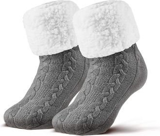 Piarini 1 Paar Kuschelsocken mit ABS Sohle - warme Damen Socken - Wintersocken mit Anti Rutsch Noppen - dicke Haussocken grau