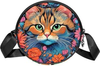 Generic Sac &agrave; bandouli&egrave;re rond rond pour femme, motif chat color&eacute;, avec fermeture &eacute;clair, bretelles r&eacute;glables, style d&eacute;contract&eacute;