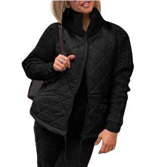 Generic Veste bouffante en tricot patchwork pour femme, fermeture &eacute;clair, manches longues, veste matelass&eacute;e, v&ecirc;tements dext&eacute;rieur chauds dhiver, col montant d