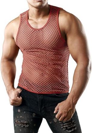 JOGAL T-shirt transparent pour homme &agrave; manches courtes en filet pour muscles, Rouge et marron., XXL