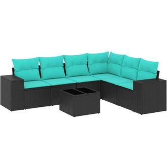 vidaXL 7-teiliges Gartensofa-Set mit Kissen, schwarzes Polyrattan vidaXL