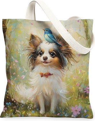 Generic Sac fourre-tout en toile motif papillon printanier pour le shopping, 33 x 38,1 cm, joli sac &agrave; bandouli&egrave;re r&eacute;utilisable pour femme, peinture danimaux d