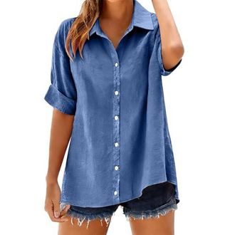 Generic Chemise en lin pour femme grande taille - Chemisiers &agrave; manches longues pour le travail en coton avec boutons &agrave; col popover, chemisier &agrave; &eacute;paules tomban