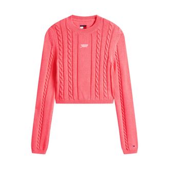Tommy Jeans Logo Stickerei Zopfmuster Slim Jumper - - Knitwear - Damen - Rot - XS