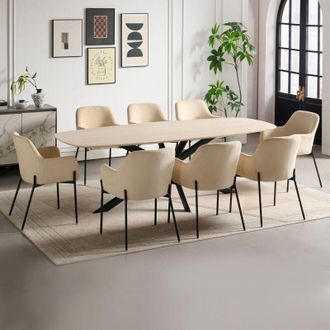 M&S Collection Ensemble table 240 cm effet travertin + 8 chaises velours c&ocirc;tel&eacute; beige