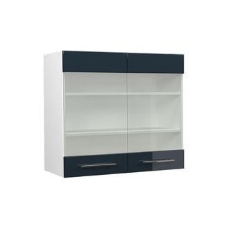 Vicco Küchenglasschrank Fame-Line, Glashängeschrank, Dunkelblau Hochglanz/Weiß, 80 cm