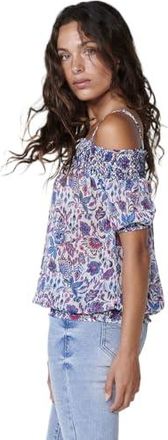 Kor&ouml;shi Chemisier Bardot Nid dabeille et imprim&eacute; floral bleu pour femme - 100 % polyester, bleu, bleu, S