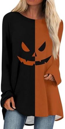 Generic HUIFUAO T-shirts dHalloween pour femme - Citrouille effrayante - Fantôme - Hauts dHalloween pour femmes - Manches longues - Grande taille - T-shirts p