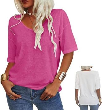 Generic Establishg T-shirt à col en V de couleur unie pour femme, T-shirts Arisefrom T-shirts, col en V de couleur unie, rose rouge, XXL