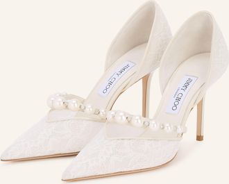 Jimmy Choo London Pumps Aurelie 85 Mit Schmuckperlen Und Spitze weiss