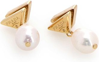 Prada Pearl-Drop Metal Triangle Earrings
