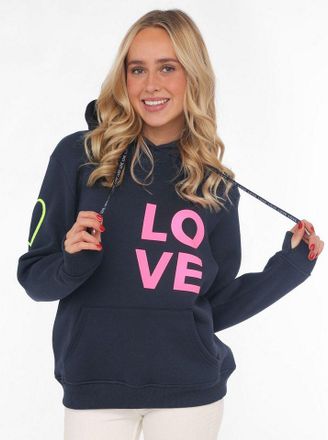Zwillingsherz Kapuzensweatshirt mit gesticktem Neon Herz am &Auml;rmel und Love Schriftzug auf Kordel
