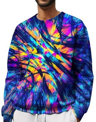 Generic Pull à col rond pour homme - Imprimé automne - Col rond - Haut décontracté à manches longues - Sweatshirt décontracté, bleu, 5XL