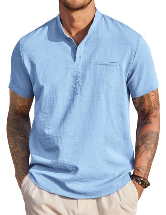 Coofandy Herren Hemd Kurzarm Sommerhemd Kurzarmhemd Freizeithemden Leichtes Sommerhemd Strandhemd Männer Hemd Basic Shirt Regular Fit Leichtes Sommerhemd Hellb