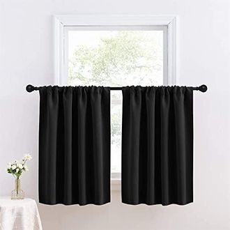 ICEGREY Rideaux Brise-bise Rideaux Courts Opaques avec oeillets pour Cuisine, Salle à Manger, Salle de Bain, Petite fenêtre, Le Noir, 132Lx46H cm (1 Panneaux)
