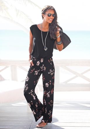 Lascana Overall LASCANA, Damen, Gr. 40, N-Gr, bunt (bedruckt), Jersey, Obermaterial: 100% Viskose, bedruckt, figurumspielend lang, Rundhals, Overalls Overall,