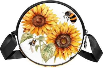 Generic Sac &agrave; bandouli&egrave;re rond pour femme, motif abeilles, tournesol, petit sac &agrave; bandouli&egrave;re avec fermeture &eacute;clair, bretelles r&eacute;glables, sac &agrave; main rond d&eacute;co