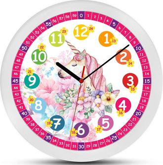 Wall-Art rosa Kinder Wanduhr für Mädchen lautlose Einhorn Prinzessin Lernuhr 30cm groß Blumen Kinderuhr Lernzifferblatt 30cm