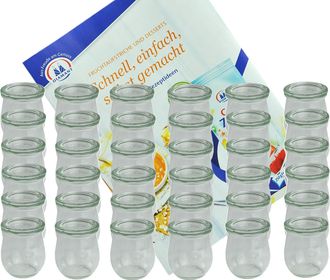MamboCat 36er Set Weck Gläser 220 ml Tulpengläser mit 36 Glasdeckeln incl. Diamant-Zucker Gelierzauber Rezeptheft I Weck Tulpenglas Dessertglas I Einweckgläser