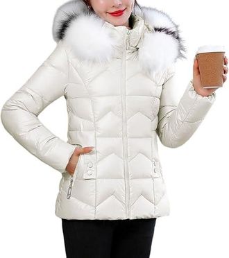 Generic Veste &agrave; capuche en fausse fourrure pour femme - Coupe ajust&eacute;e - Avec capuche en fausse fourrure - Avec fermeture &eacute;clair - Manteau dhiver court brillan