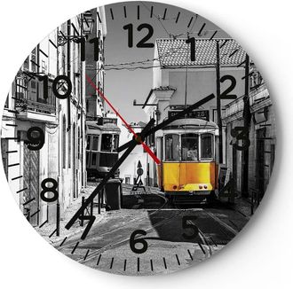 Arttor Modern Wanduhr Straßenbahn Portugal Lissabon 30x30cm Rund Klein Wand Uhr Glas Analog Zimmeruhren Küche Büro Wohnzimmer Glasuhr Wall Clock Dekoration D