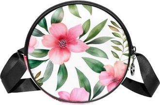 Generic Petit sac &agrave; bandouli&egrave;re circulaire pour femme, motif feuilles florales, sac &agrave; dos avec fermeture &eacute;clair, bretelles r&eacute;glables, sac &agrave; main rond d&eacute;contra