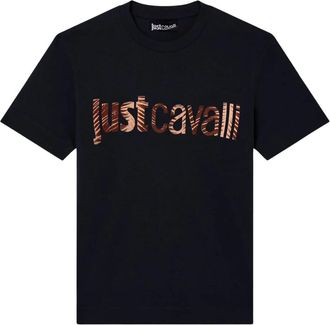 Just Cavalli Homme, Tops, Noir, Taille: 2XL T-shirt en coton avec logo imprim&eacute;