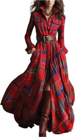 Generic Hemdkleid Damen Lang Langarm Kariert Herbstkleid Elegant Winterkleid Damen A Linie Maxi Kleid Winter mit Kragen Lange Kleider Frauen mit Taschen Knopf