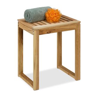 Relaxdays Hocker Holz, HxBxT: 46 x 40 x 30 cm, bis 80 kg, Sitzhocker Bad, Beistelltisch Wohnzimmer, Blumenhocker, Natur