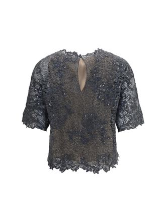 Brunello Cucinelli Sequined Openwork Blouse - Gray