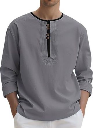 Generic Chemise en lin &agrave; manches longues pour homme - Chemise de plage en coton - Coupe ajust&eacute;e - Chemise d&eacute;t&eacute; l&eacute;g&egrave;re - Col rond - T-shirt d&eacute;contract&eacute; pour la