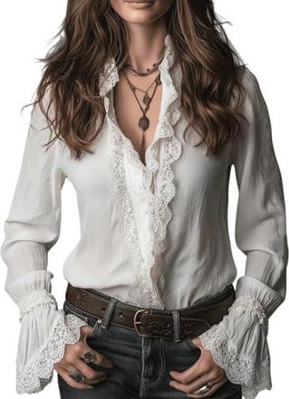 Generic Chemisier vintage boutonn&eacute; &agrave; manches longues bouffantes et col en V pour femme, multicolore, XXL